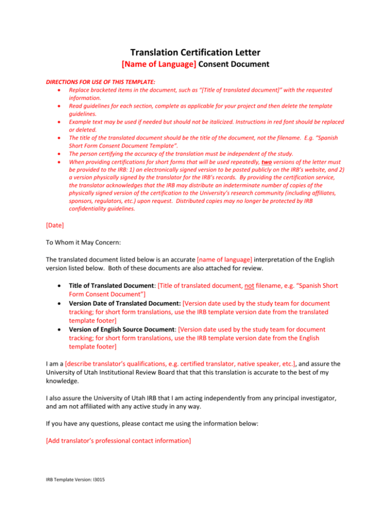Translation Certification Letter Template Translation Certification Letter Template
