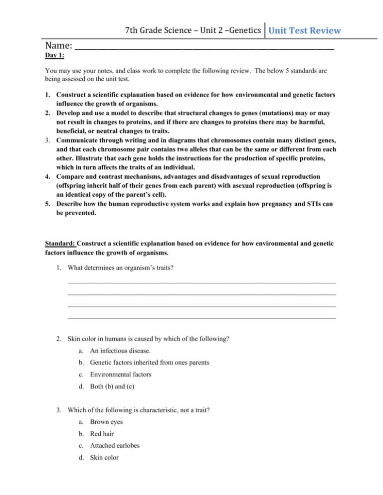 7th Grade Science Unit 2 Genetics 7th Grade Science Unit 2 Genetics