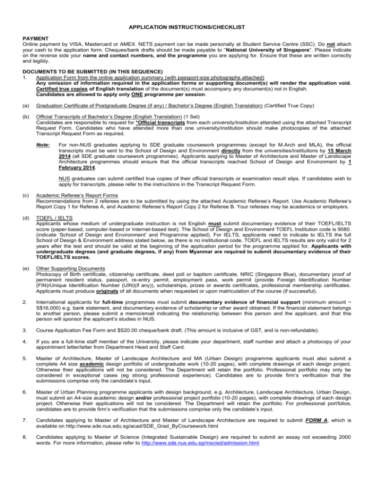 APPLICATION INSTRUCTIONS CHECKLIST PAYMENT Online APPLICATION INSTRUCTIONS CHECKLIST PAYMENT Online