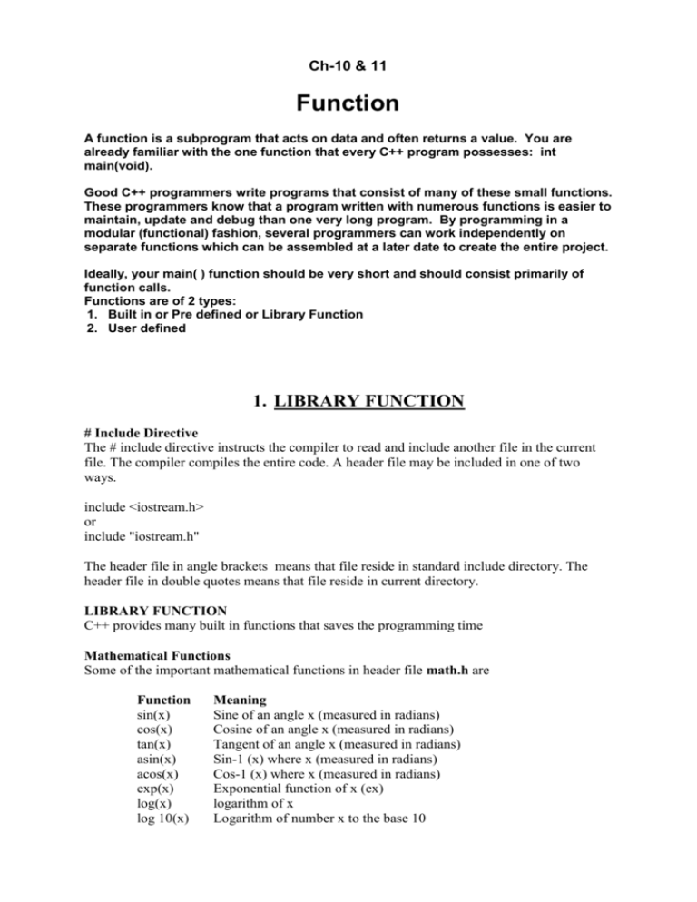 Chapter 9 Function Notes 