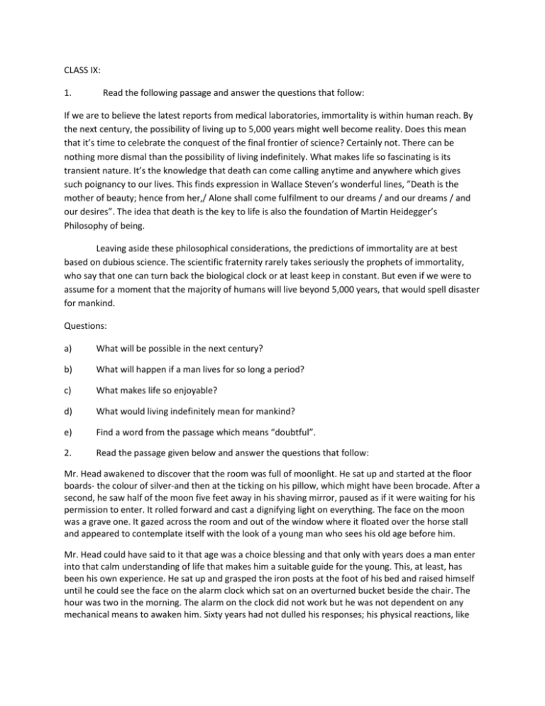 CLASS IX 1 Read The Following Passage And Answer The Questions CLASS IX 1 Read The Following Passage And Answer The Questions