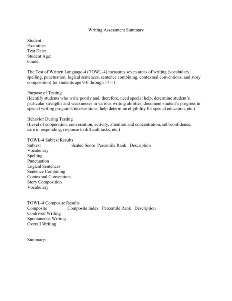 Writing Assessment Summary Student Examiner Test Date Student Writing Assessment Summary Student Examiner Test Date Student