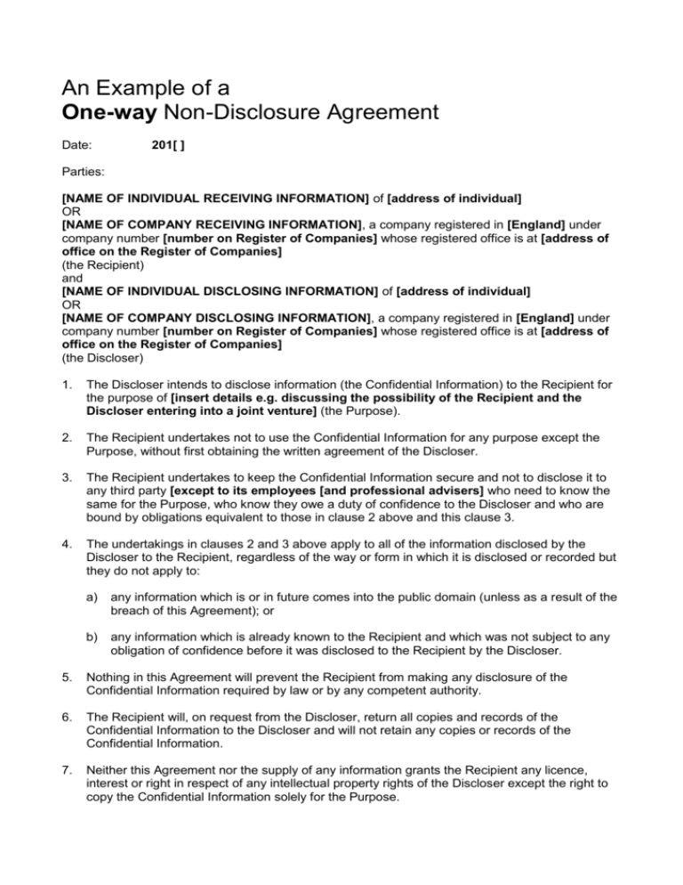 Example One way Non disclosure Agreement