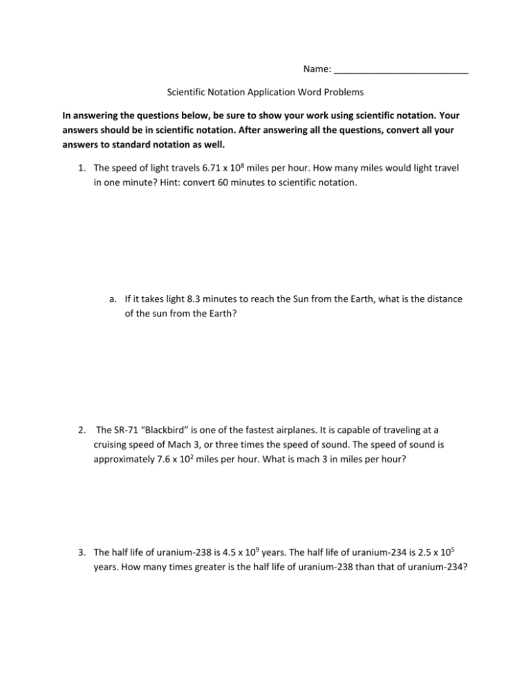 Name Scientific Notation Application Word Problems In Answering