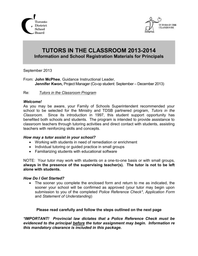 Principal`s Checklist for Tutor Selection and Assignment