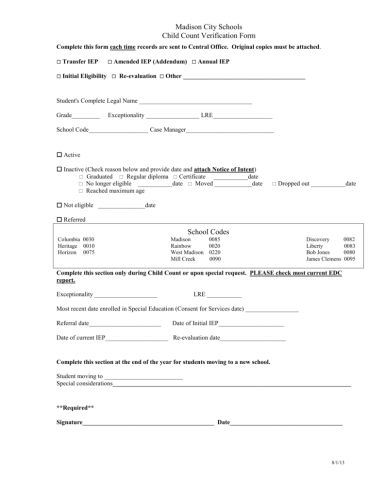 Child Count Form Child Count Form