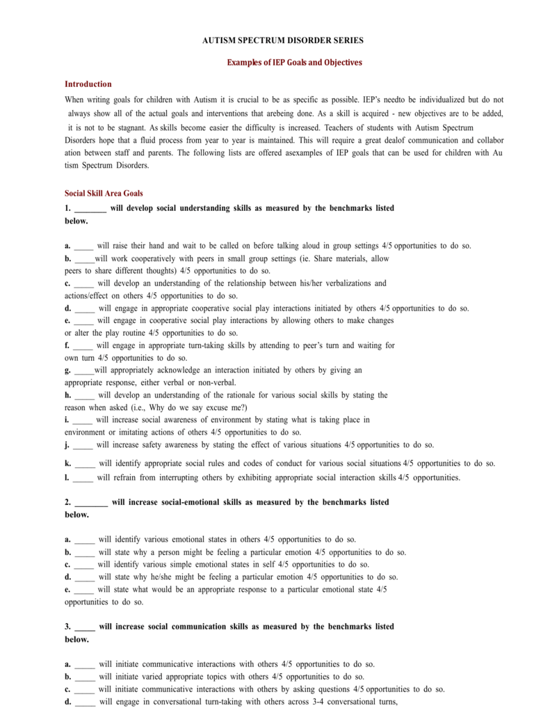 Examples IEP Goals Objectives for ASD