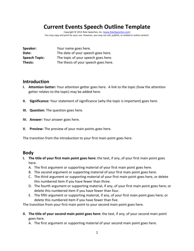 Current Events Speech Outline Template Current Events Speech Outline Template