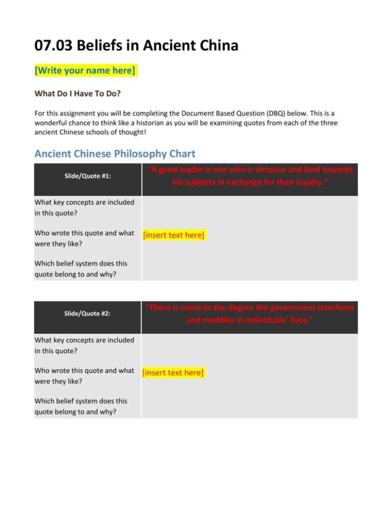 Ancient Chinese Philosophies DBQ Worksheet