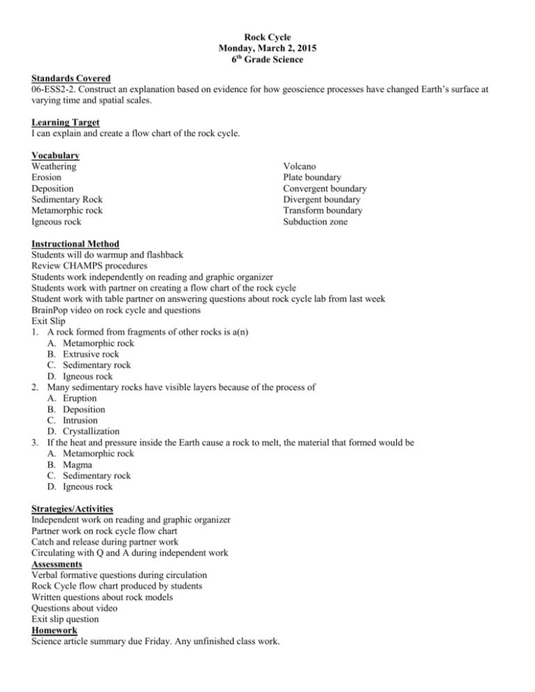 Rock Cycle Monday March 2 2015 6th Grade Science Standards