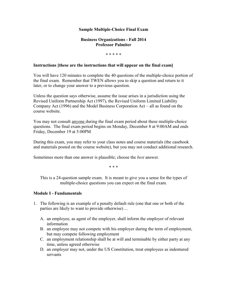 Sample Multiple Choice Final Exam