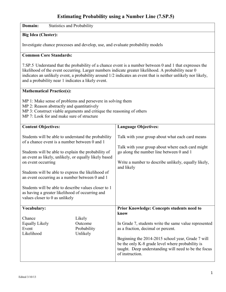7 SP 5 Estimating Probability On Number Line Lesson Plan 