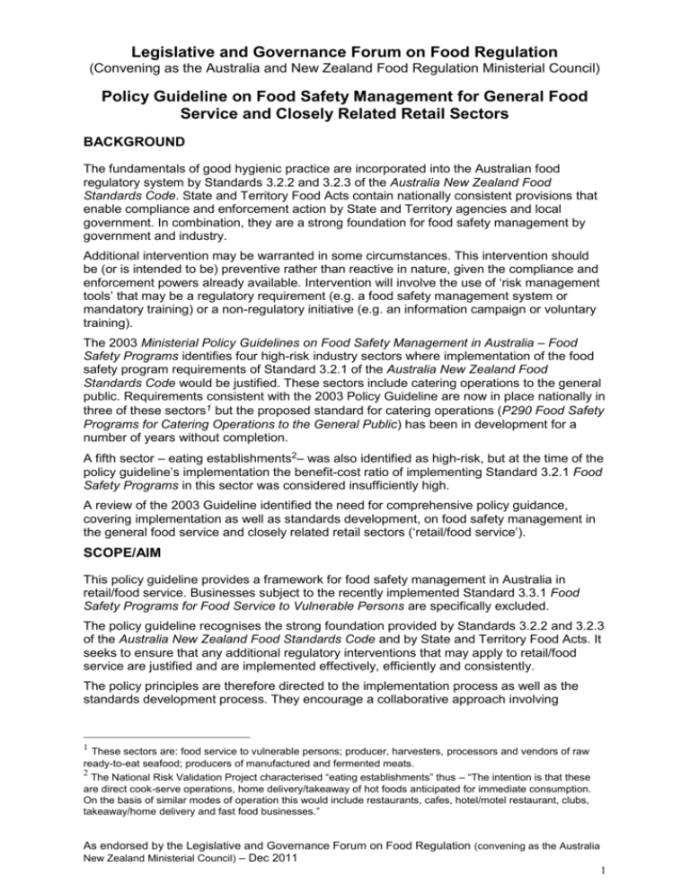 Revised Food Safety Management In Australia Policy Guideline