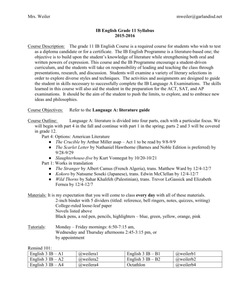 IB English Grade 11 Syllabus 13 14