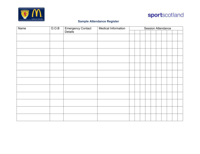 Template 1 - Sample Attendance Register