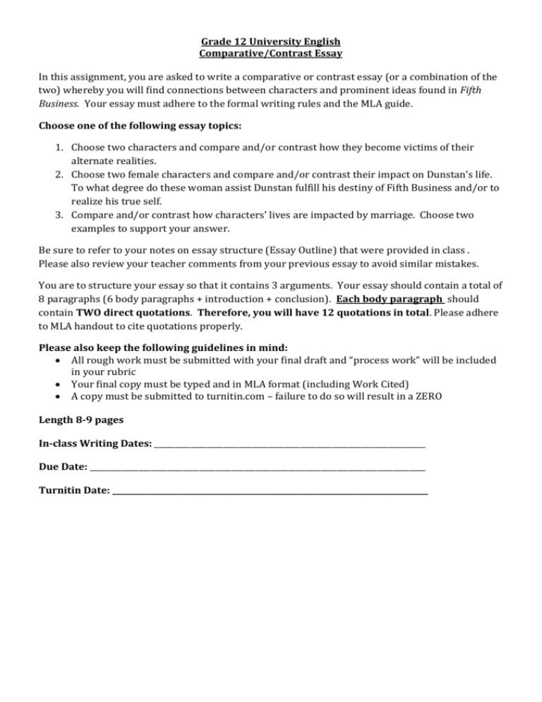 File Fifth Business Comparative Essay Outline File Fifth Business Comparative Essay Outline