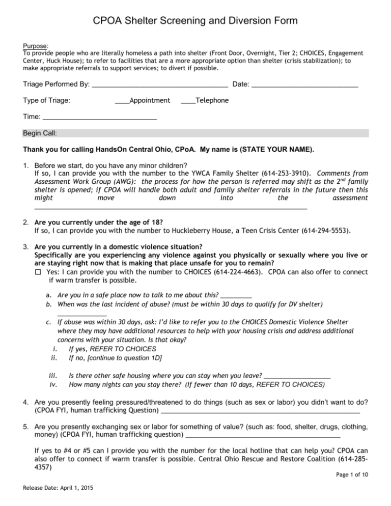 CPOA Shelter Screening and Diversion Form