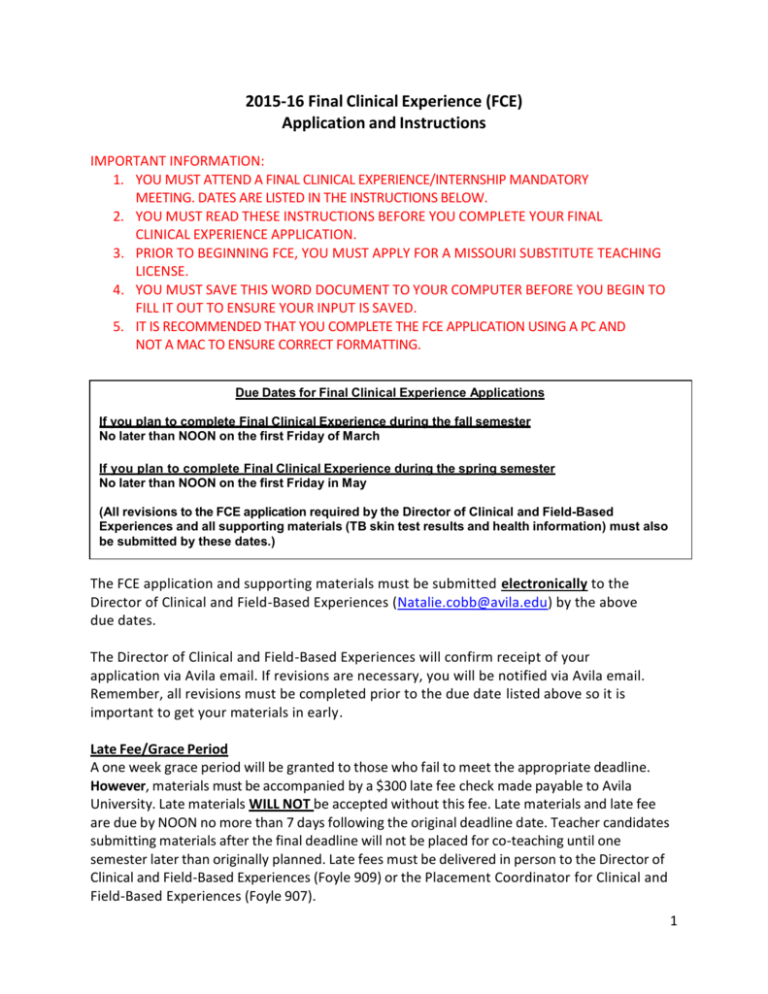 Final Clinical Experience Placement Request Forms