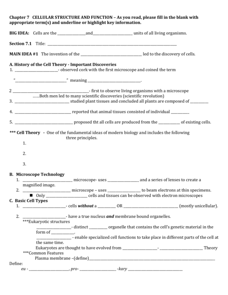 Chapter 7 CELLULAR STRUCTURE AND FUNCTION As You Read
