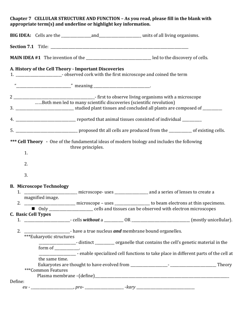 Chapter 7 CELLULAR STRUCTURE AND FUNCTION As You Read