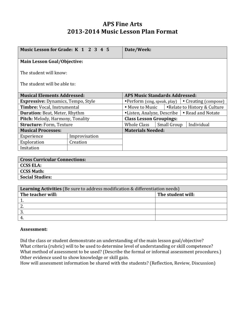 Music Lesson Plan Template 2013 Music Lesson Plan Template 2013