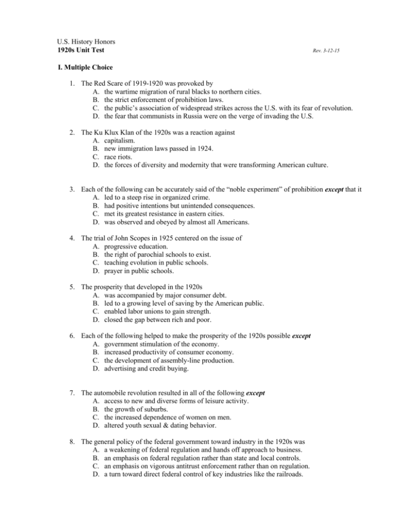 U.S. History 1920s Unit Test - High School