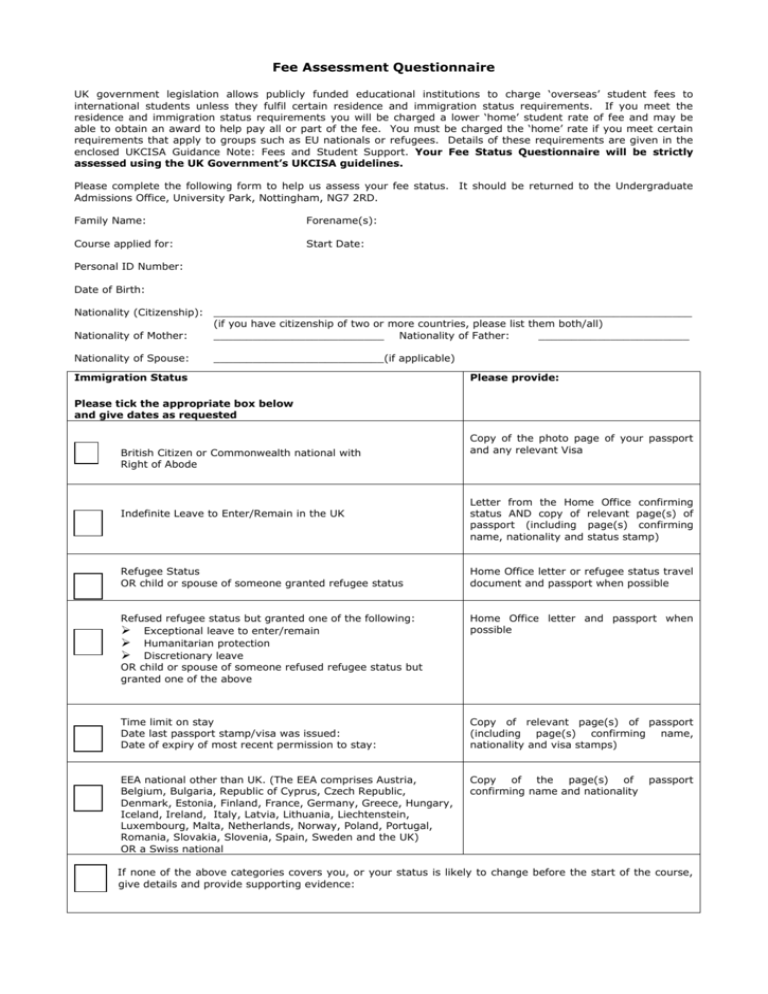 Fee Assessment Questionnaire Fee Assessment Questionnaire
