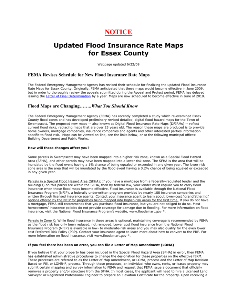 NOTICE Updated Flood Insurance Rate Maps for Essex County