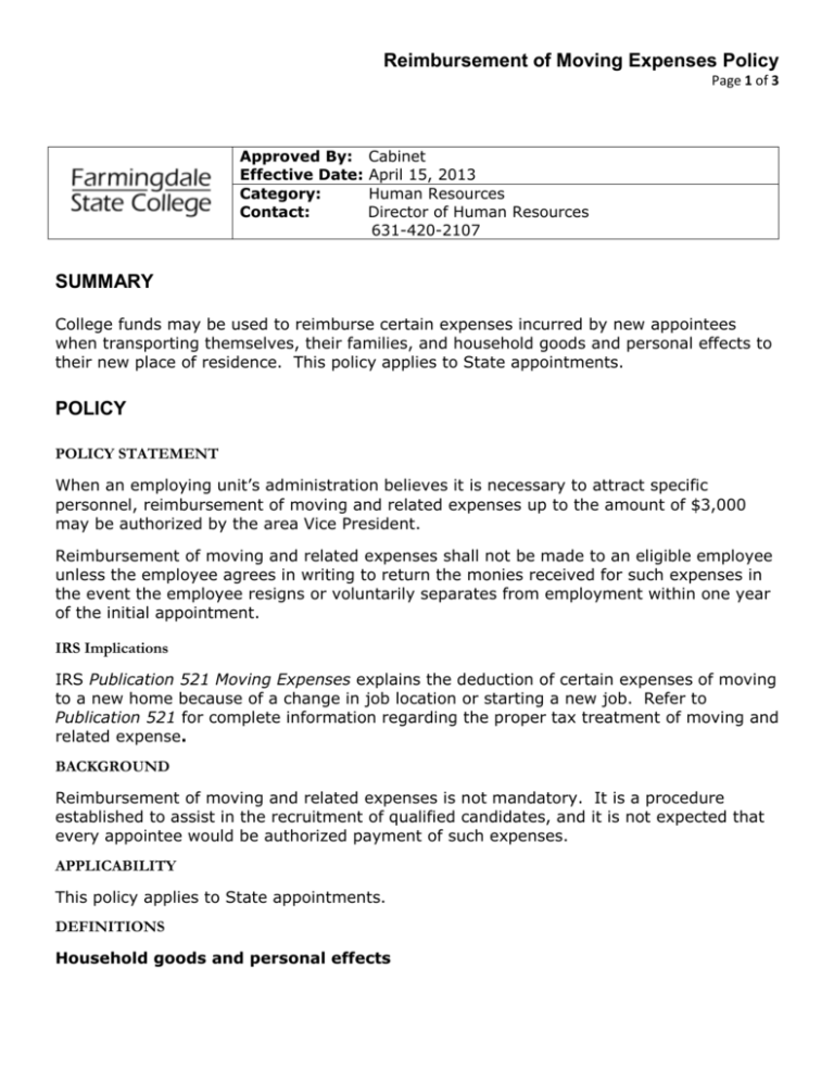 Reimbursement Of Moving Expenses Policy