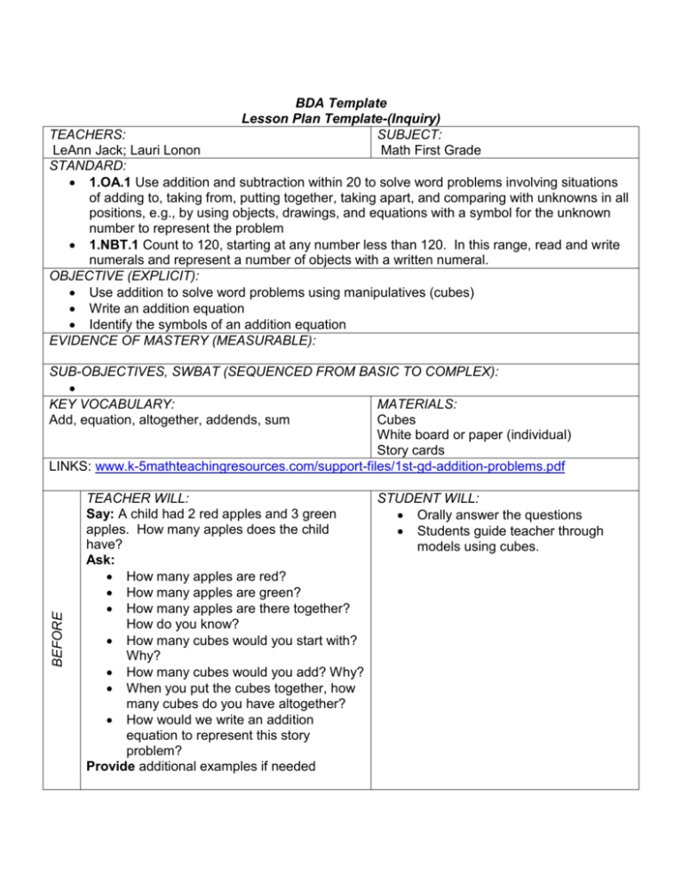 OA 1 Addition Story Problem Lesson