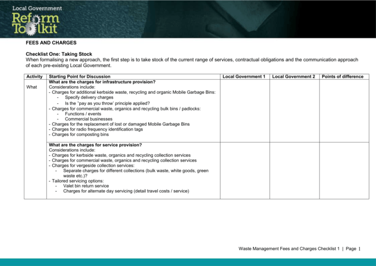 FEES AND CHARGES Checklist One: Taking Stock When