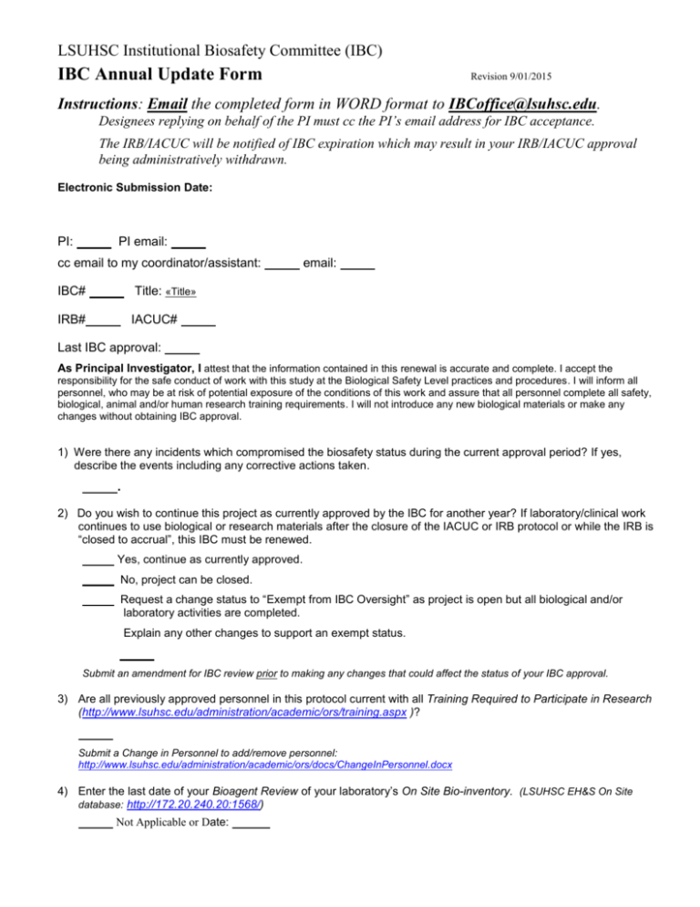 IBC Annual Update Form IBC Annual Update Form