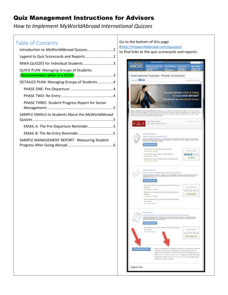Quiz Management Instructions for Advisors
