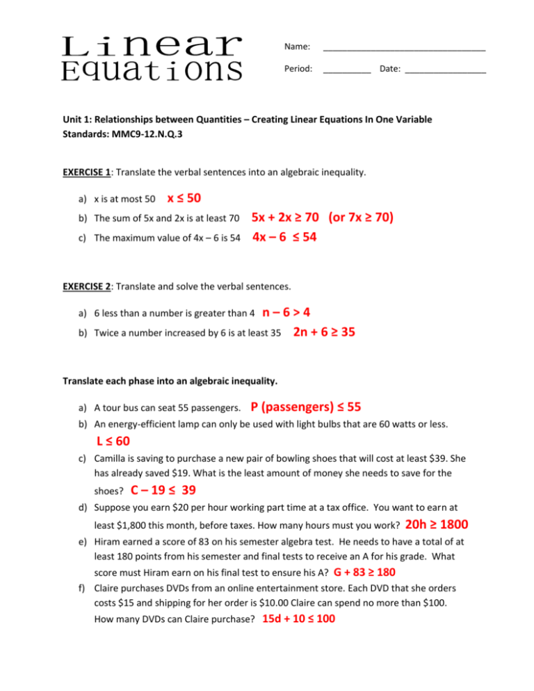 08 21 Hand out Linear Inequality Word Problems