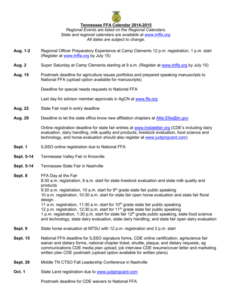 Tennessee FFA Calendar 2014-2015 Regional Events are listed on