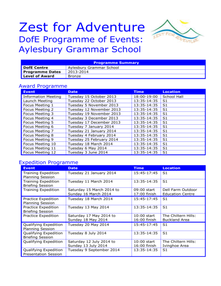 AGS - DofE Bronze Programme of Events 2013-2014