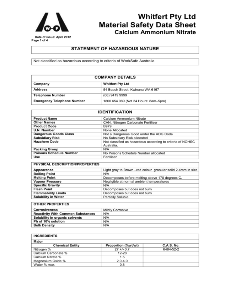 STATEMENT OF HAZARDOUS NATURE