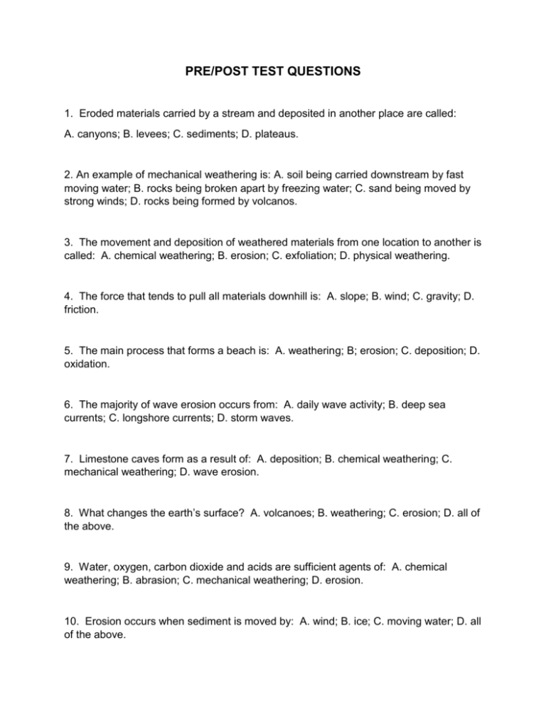 Earth Science Test Questions Weathering Erosion