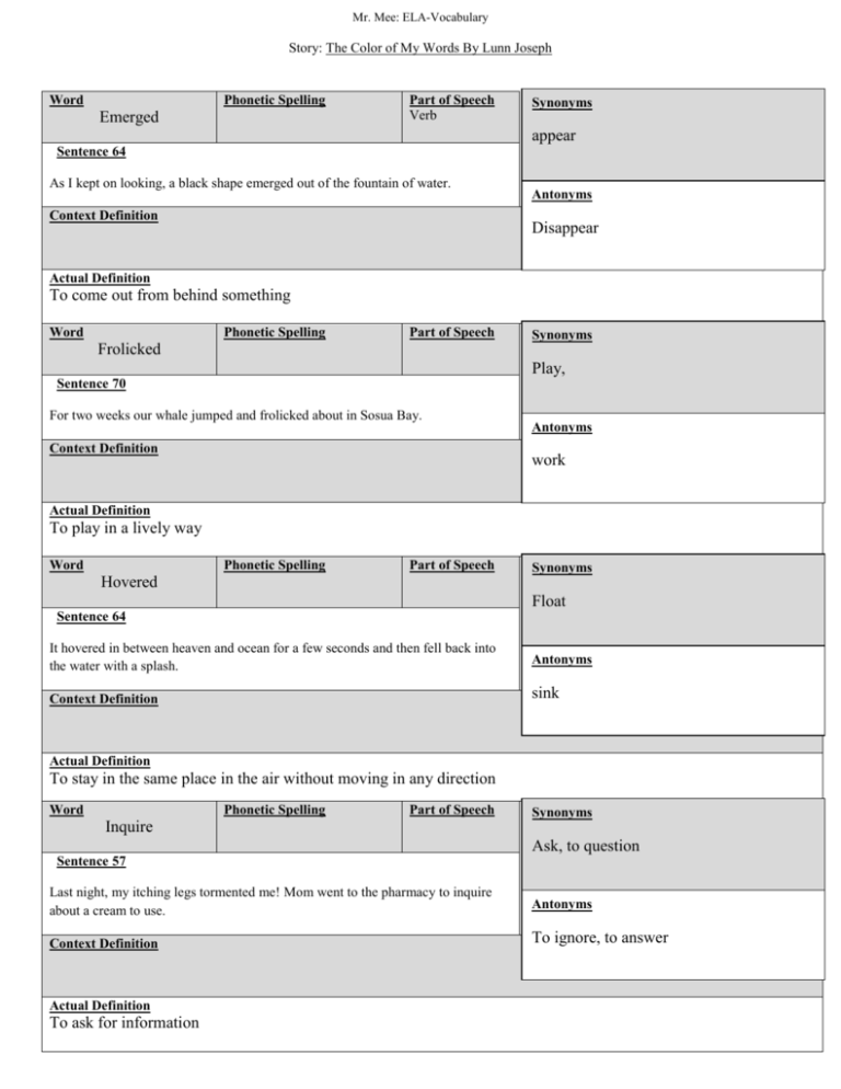 Vocabulary The Color My Words Vocabulary The Color My Words