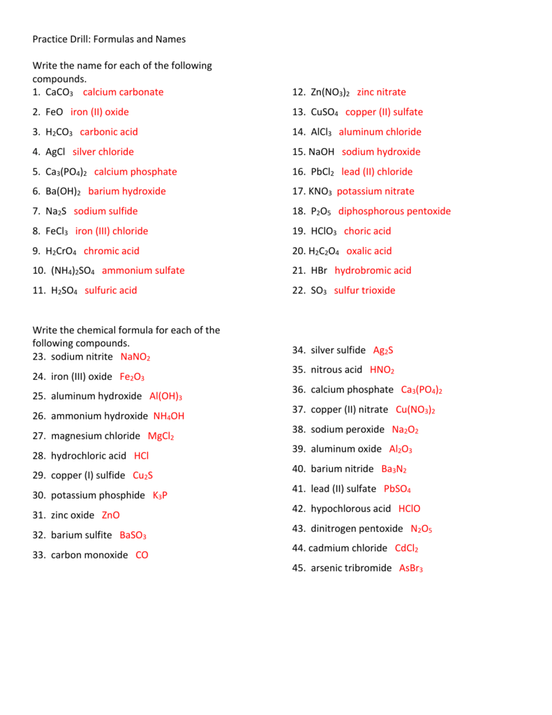 Answer Key Practice Drill Worksheet