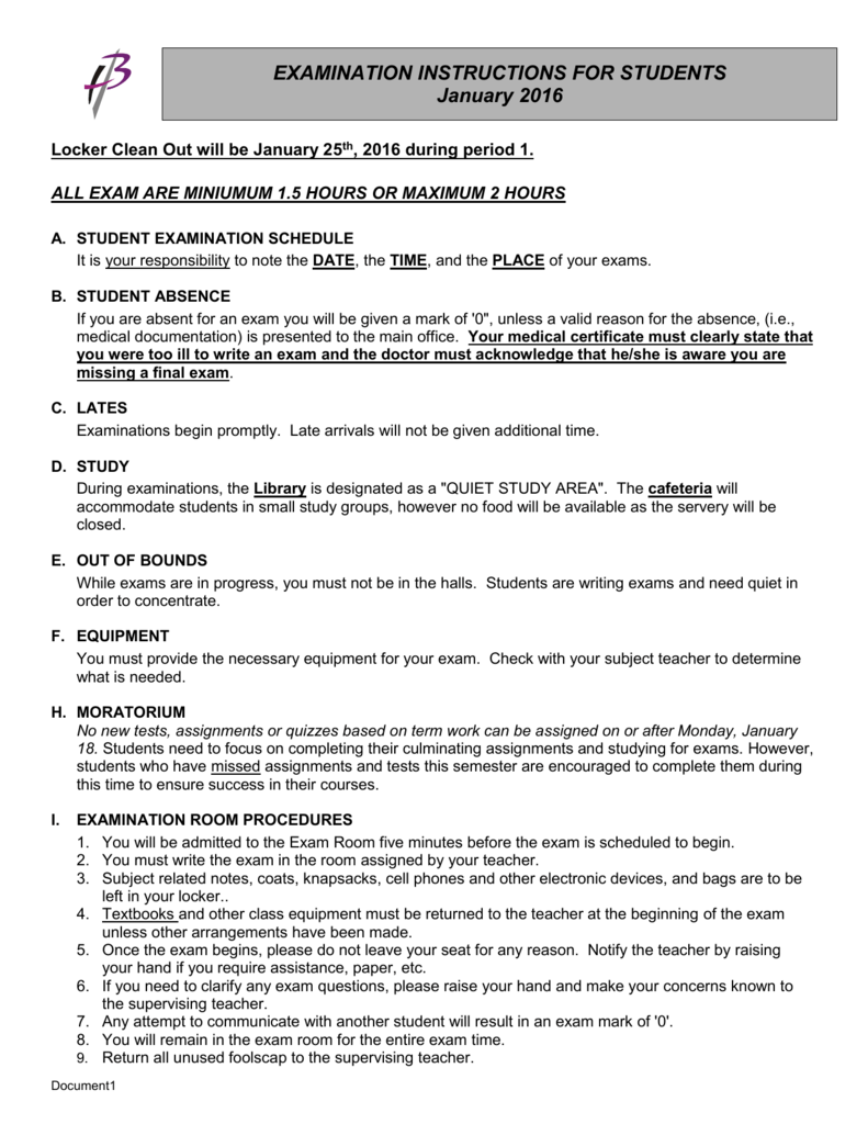 Exam Instructions For Students January 2016