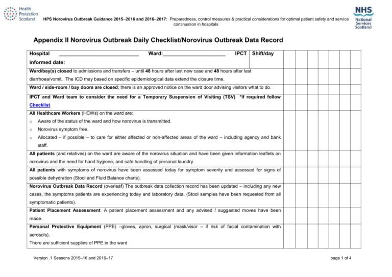 Norovirus Outbreak Daily Checklist Norovirus Outbreak Data Record