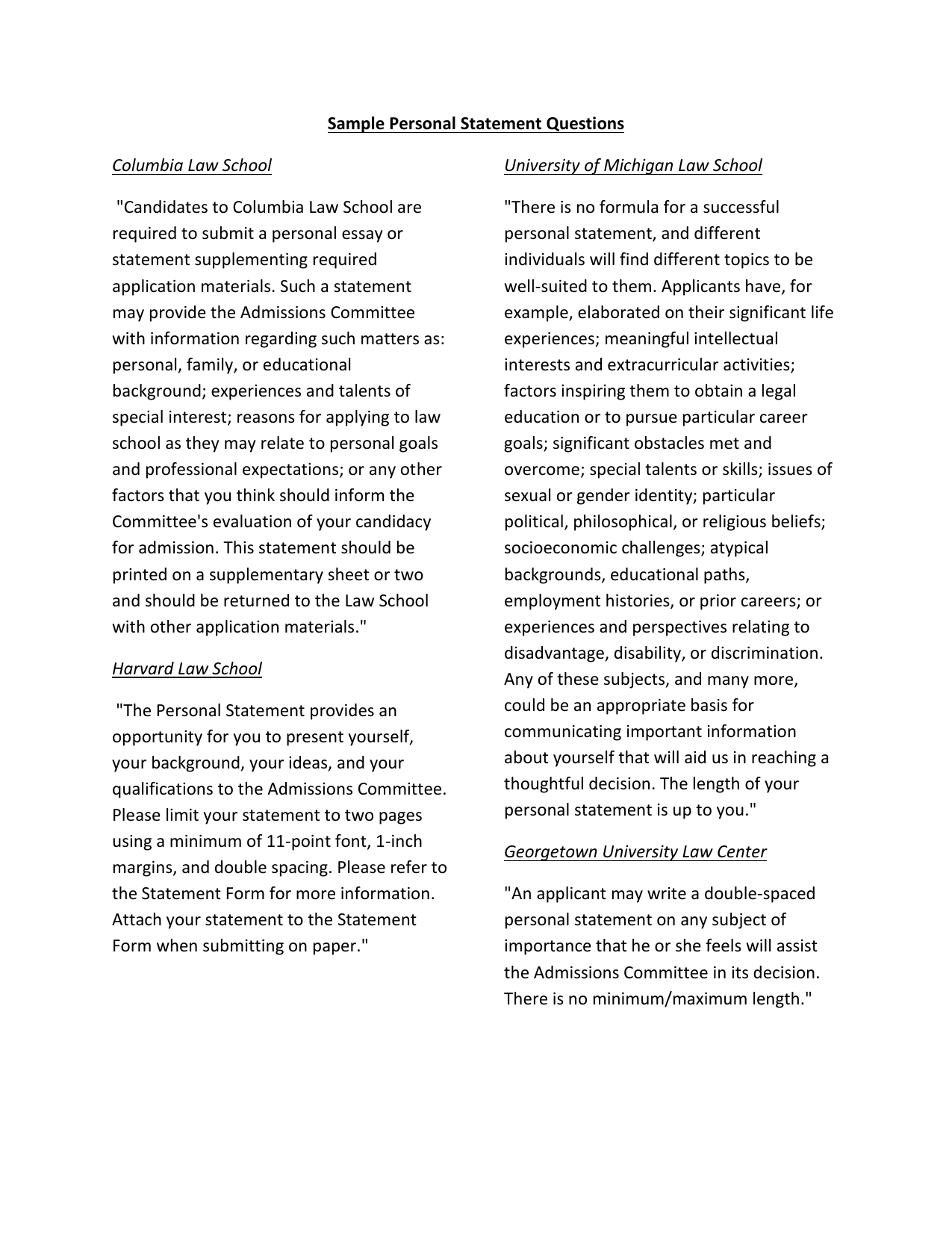 Sample Personal Statement Questions Sample Personal Statement Questions