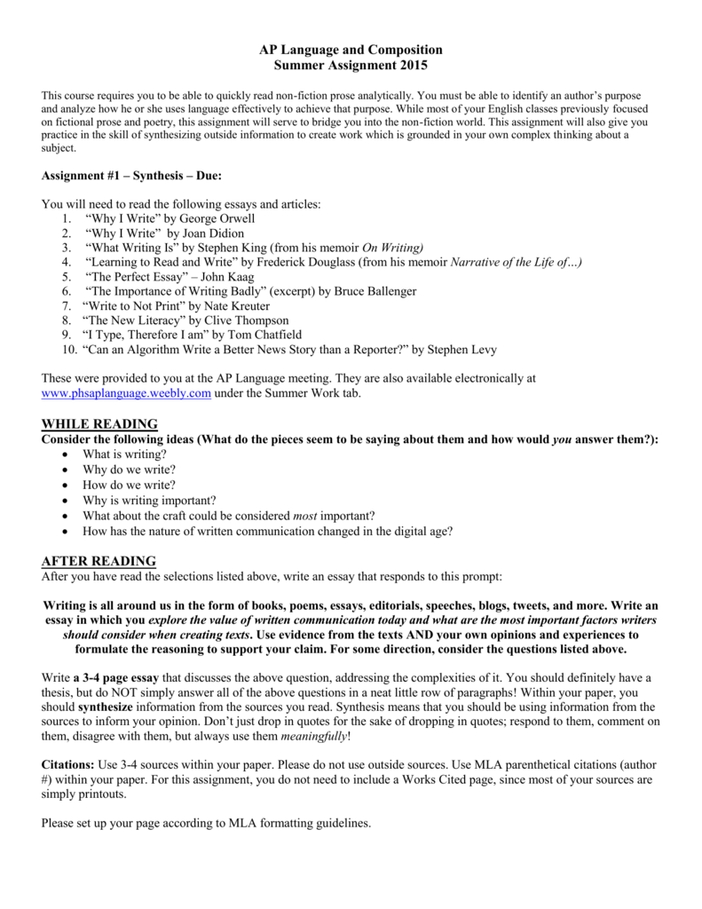 AP Language And Composition Summer Assignment 2015 This