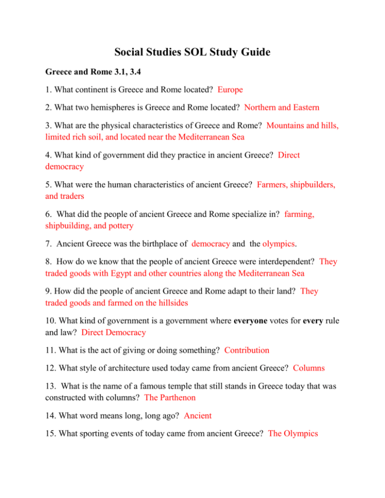 Social Studies SOL Study Guide Greece And Rome