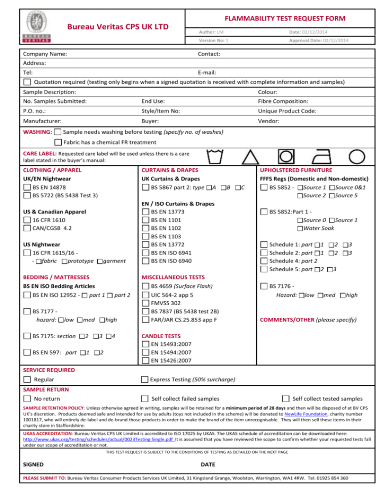 Flammability Test Request Form Flammability Test Request Form
