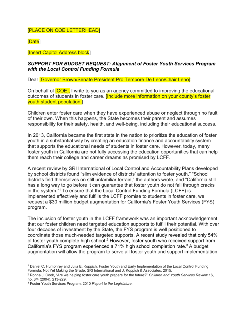 Sample Letter Budget Request 2015
