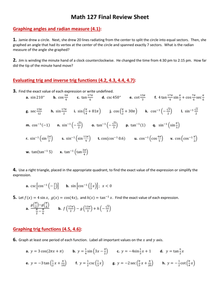 Math 127 Final Review Sheet Graphing Angles And Radian Measure Math 127 Final Review Sheet Graphing Angles And Radian Measure