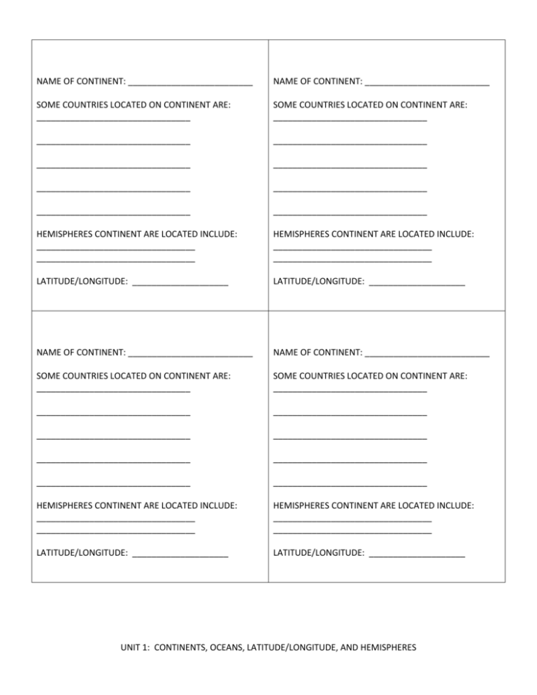 Continents, Oceans, Latitude/Longitude Worksheet