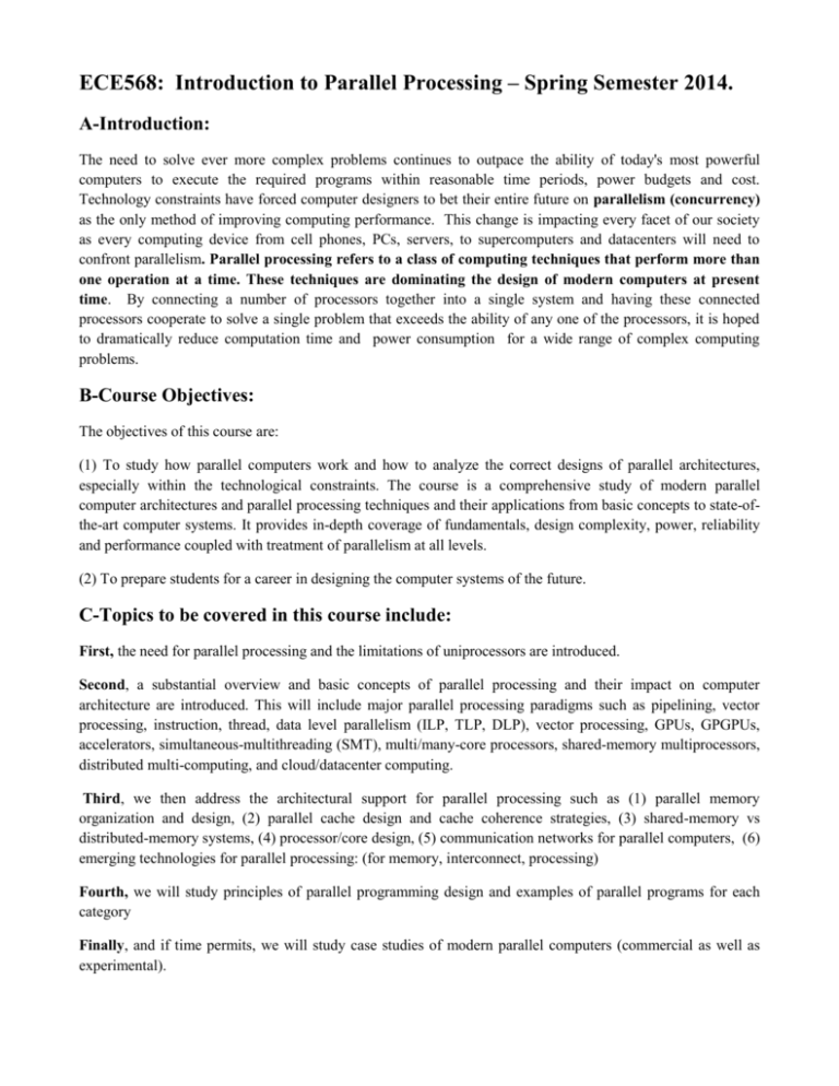 Introduction To Parallel Processing Spring Semester 2014 A